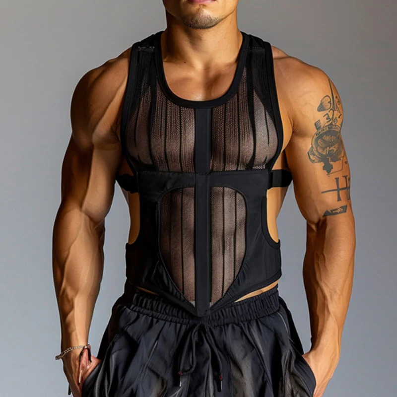 2024-Summer-Fahsion-Patchwork-Mens-Mesh-Tank-Tops-Sexy-Slim-Fit-Hollow ...
