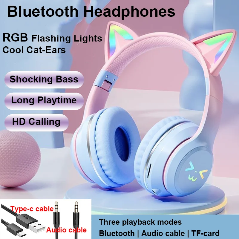 LED-Flash-Light-Bluetooth-Headphones-Cute-Cat-Ears-Wireless-Earphone ...