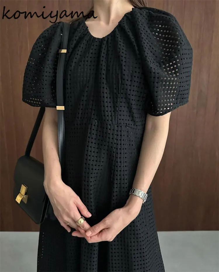 여성용 솔리드 V 넥 하이웨이스트 드레이프 드레스 메쉬 할로우 아웃 퍼프 슬리브 드레스 우아한 로브 팜므 봄 여름 드레스