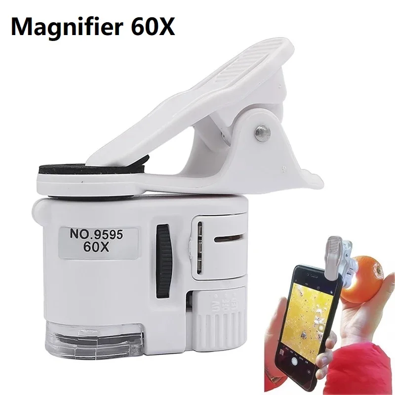 Universal Clip Microscope 60X LED Jewelry Magnifying Glass Focusing ...