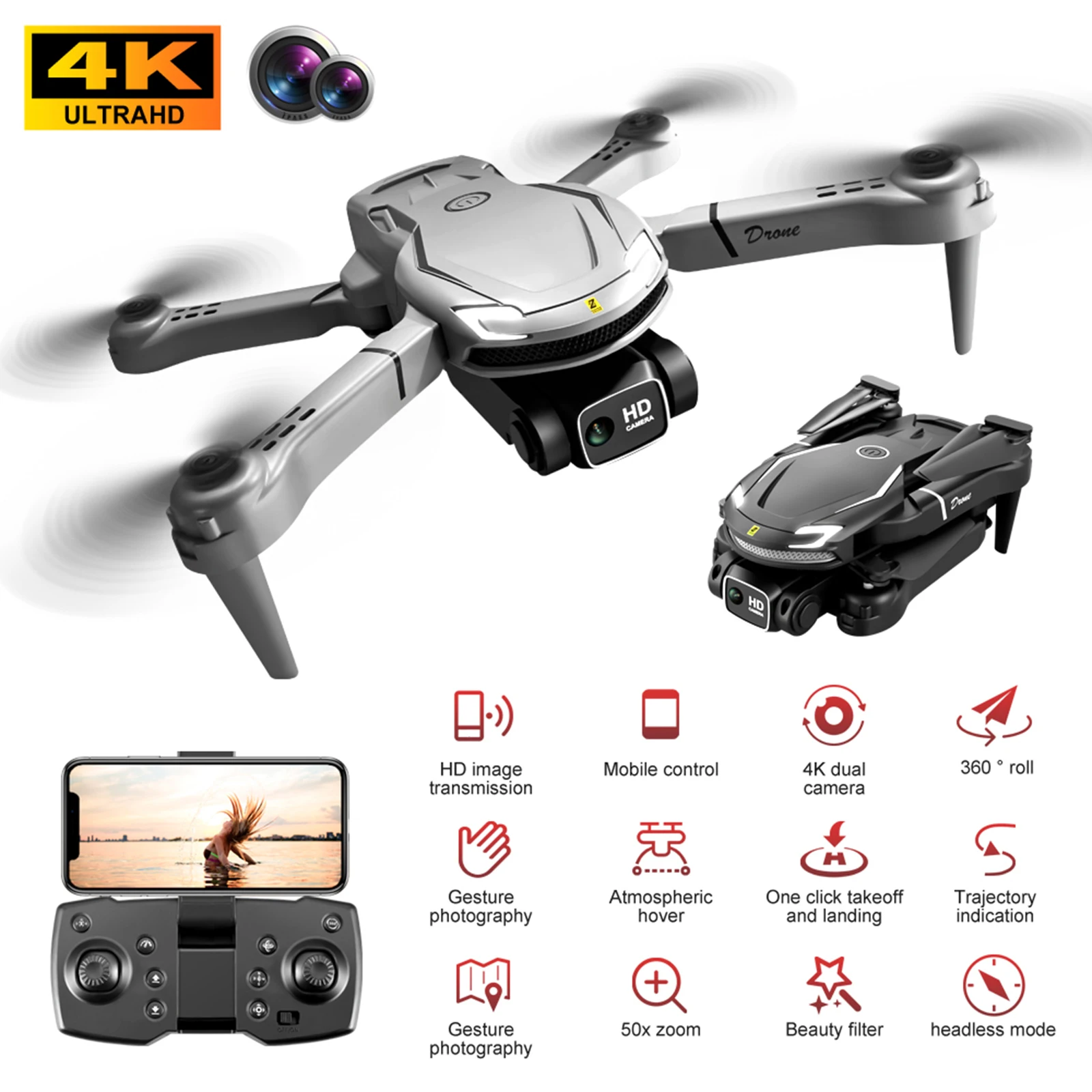 V88 RC Drone 4K Dual Camera Wide Angle HD Aerial Photography Foldable ...