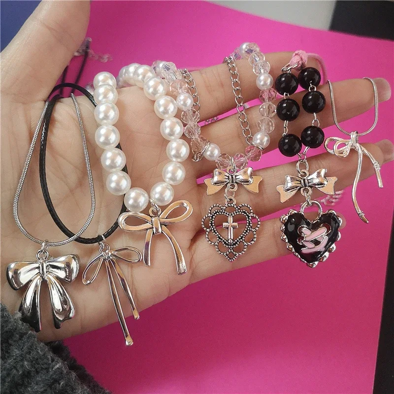 Goth-Cute-Y2K-Silver-Color-Peach-Heart-BowKnot-Pendant-Pearl-Bead ...