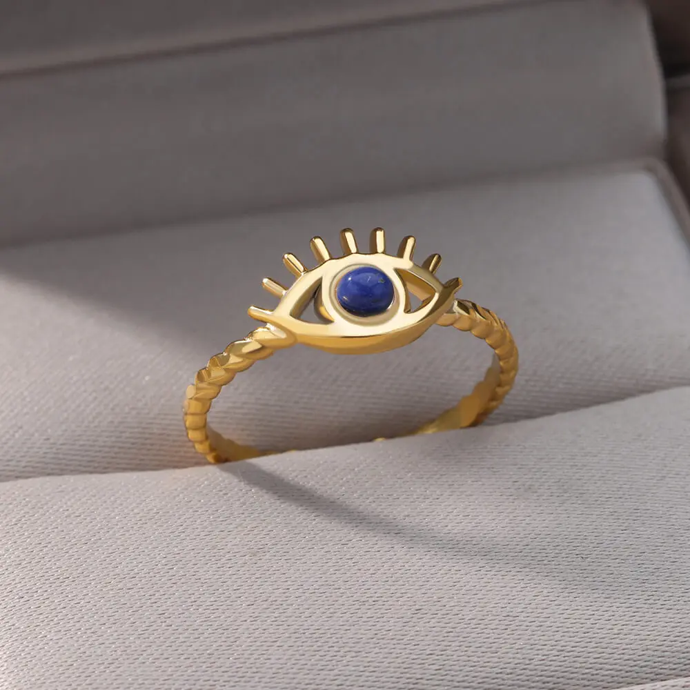 Fashion Bule Opal Evil Eye Rings For Women Stainless Steel Gold Color ...