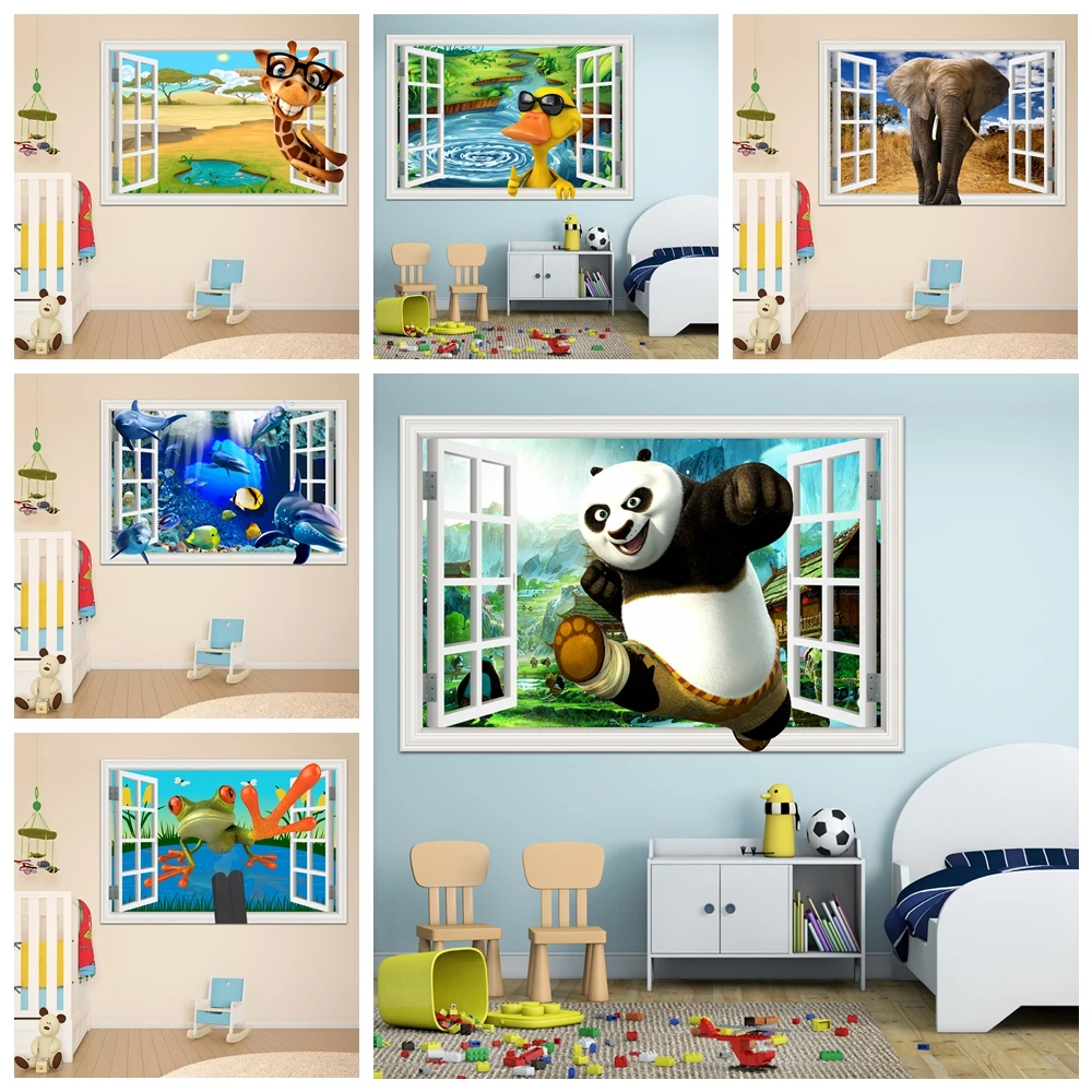 3D-Cartoon-Window-View-Wall-Sticker-Dinosaur-Panda-Decals-Nursery-Wall ...