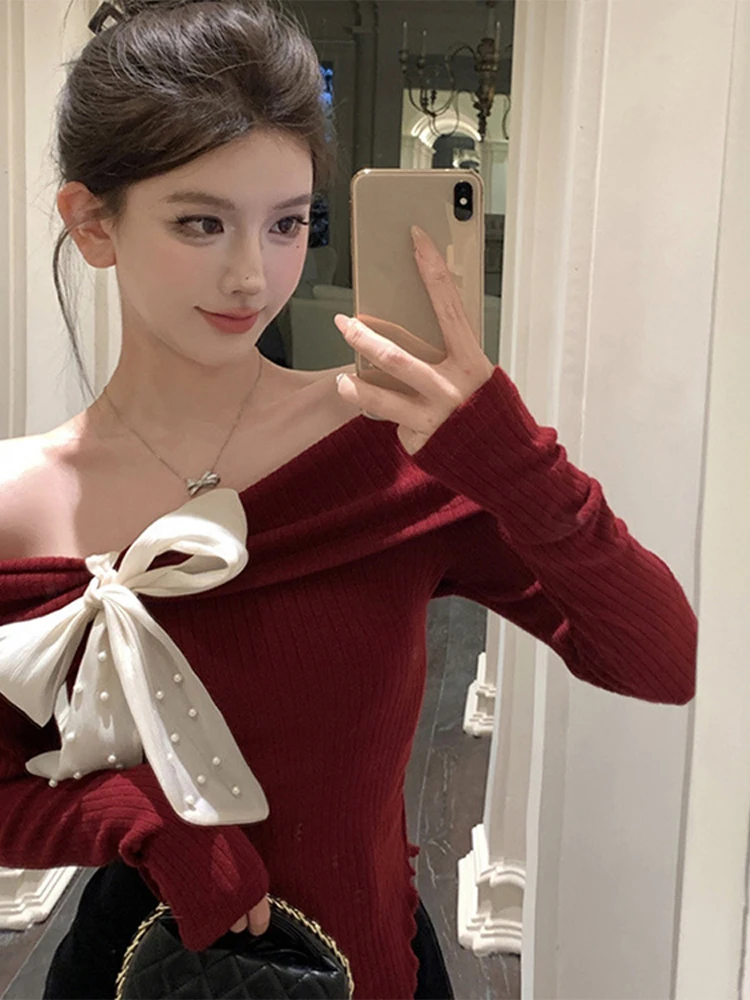 Bow-Off-The-Shoulder-Solid-Women-Tops-Long-Sleeve-Lace-up-Female-T ...