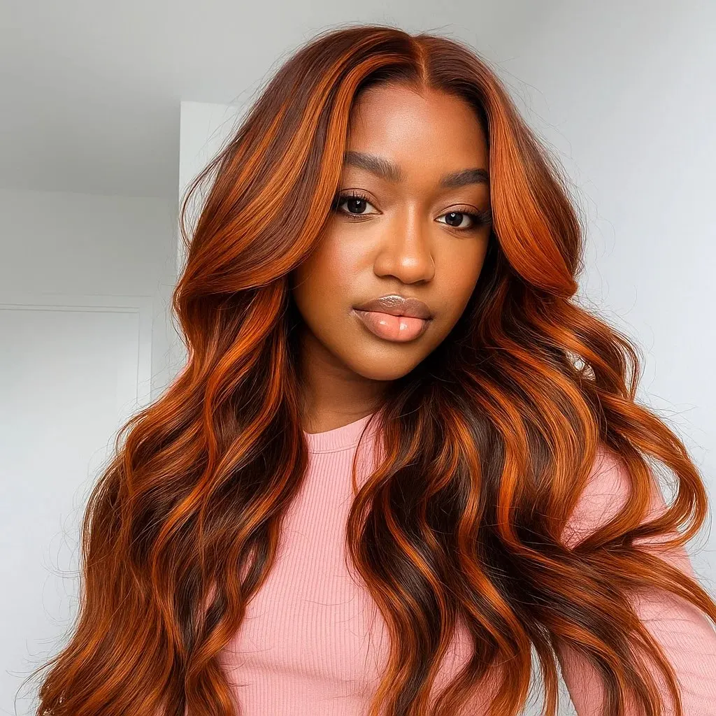 Salon Layer Cut Ginger Highlights On Brown Hair 360 Lace Frontal Invis ...