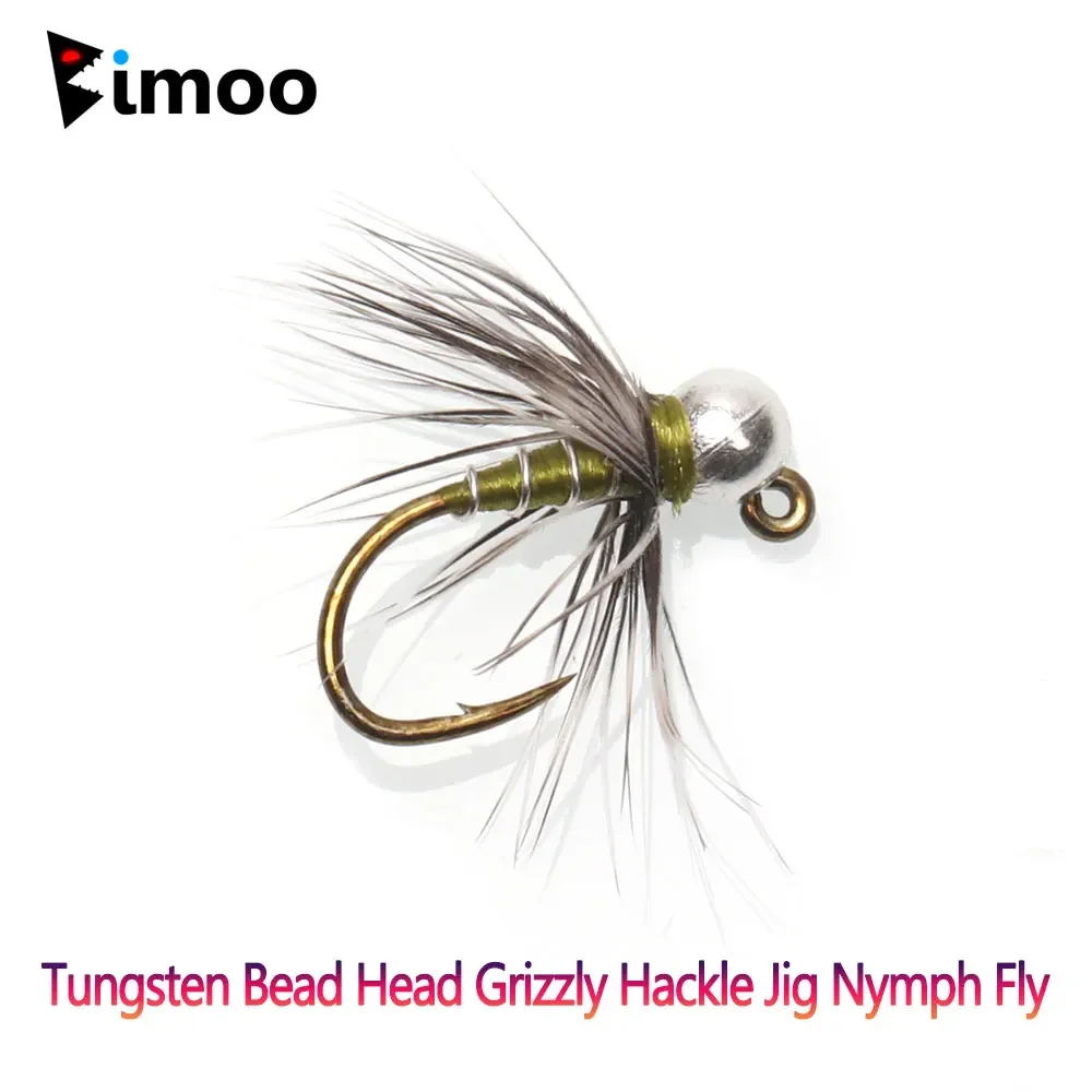 Bimoo-6pcs-14-16-Tungsten-Bead-Head-Grizzly-Hackle-Jig-Nymph-Fly-Fast ...