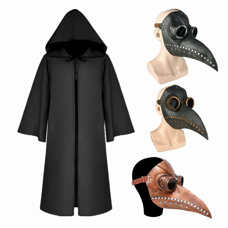 Halloween-Plague-Doctor-Costume-Hooded-Cloak-Long-Nose-Beak-Latex-Mask ...