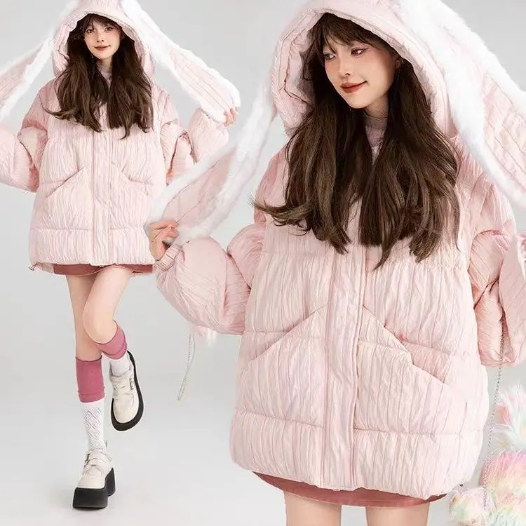 Sweet Cherry Blossom Puff Down Jacket Women Coats Hoodie Collar Pink ...