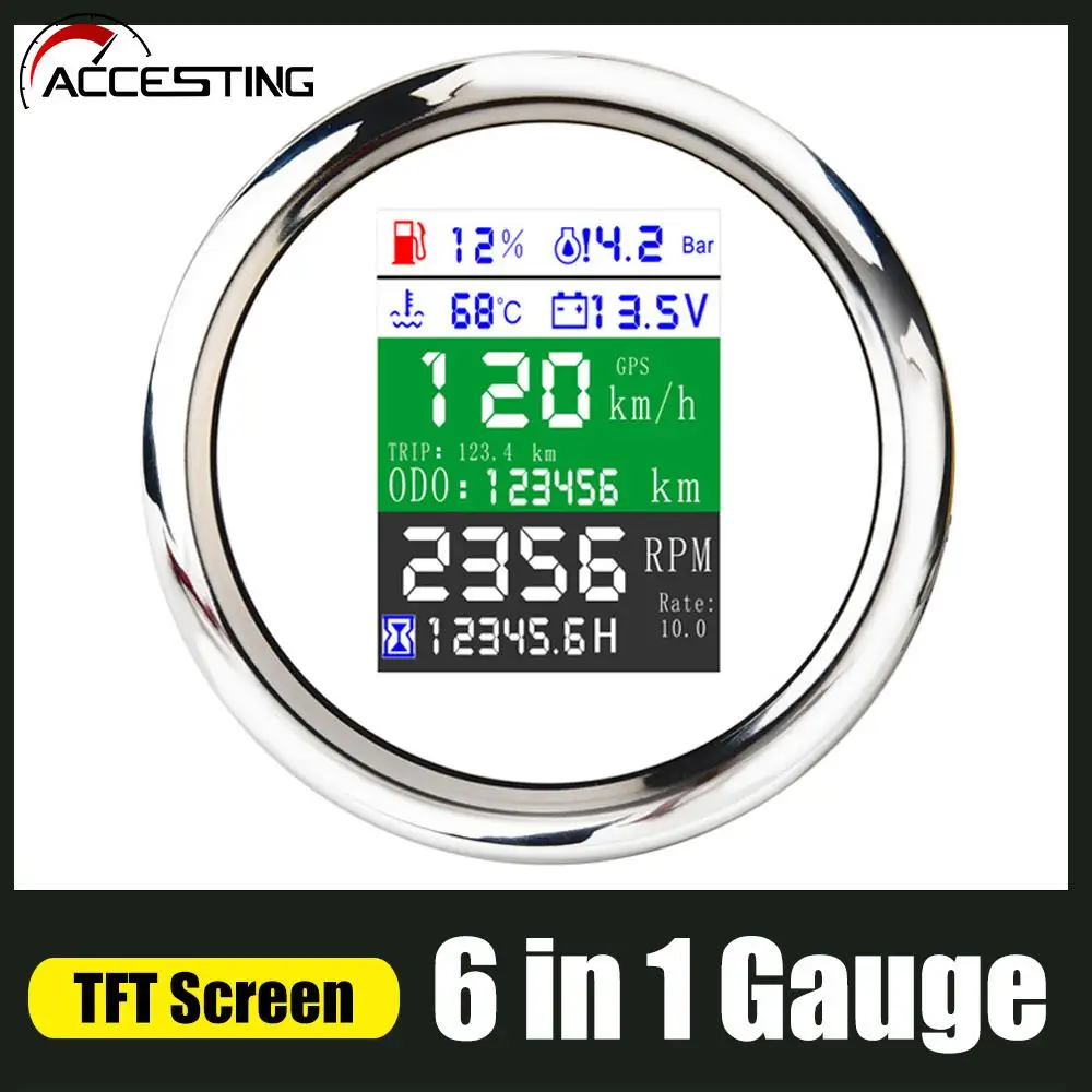Six in 1 다기능 디지털 게이지 85mm GPS 속도계 TFT 스크린, 연료 레벨 수온 오일 압력 0 ~ 10 Bar 알람 포함|속도계| - AliExpress