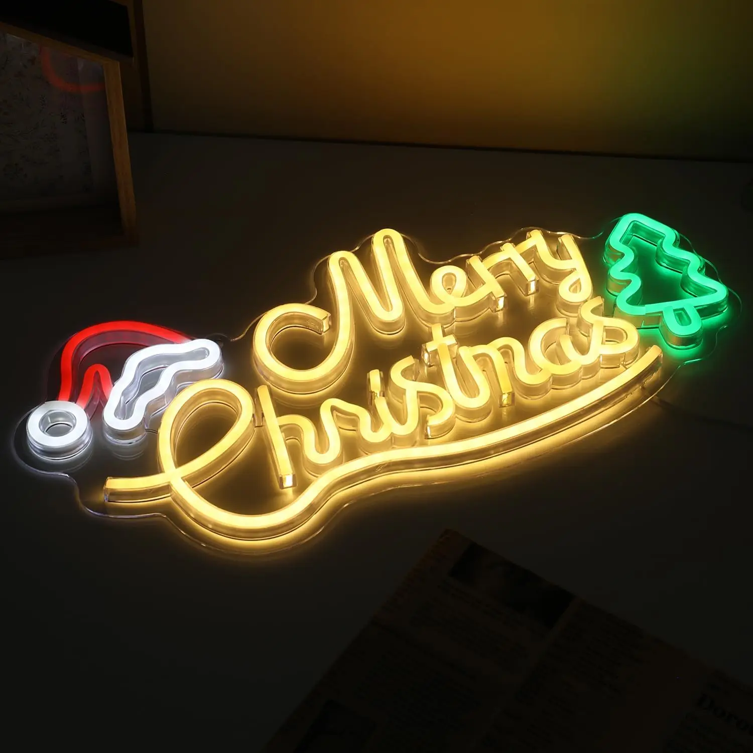 Merry Christmas Neon Led Sign Warm Wall Lights Santa Hat Xmas Tree Room ...
