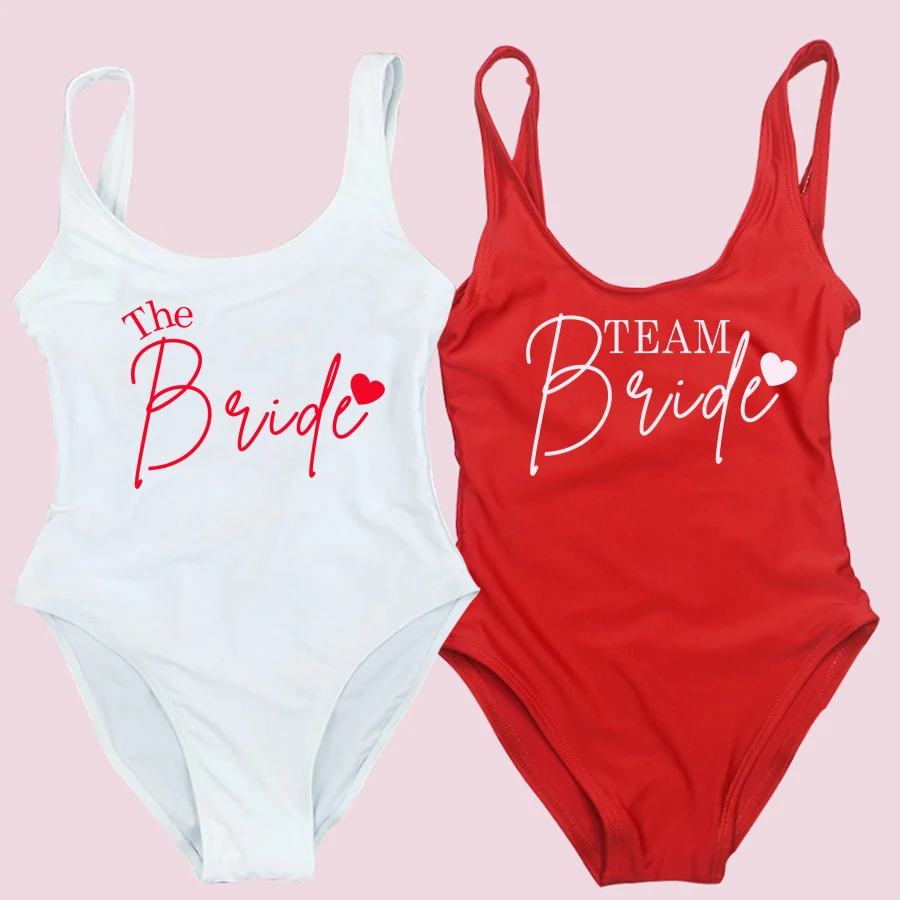 TEAM Bride Heart Print One Piece Swimsuit Women Swimwear High Cut Low ...