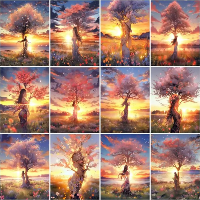 CHENISTORY-Pictures-By-Number-Abstract-Flower-Tree-Girl-Kits-DIY ...