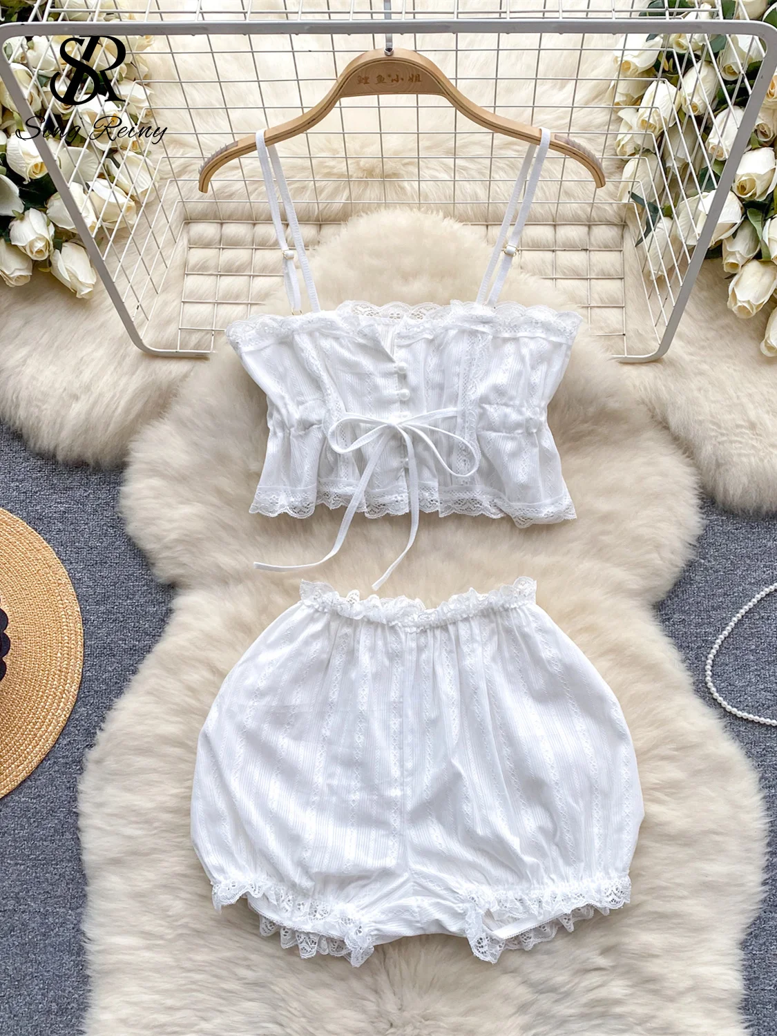 SINGREINY-Conjuntos-de-ropa-de-casa-de-encaje-dulce-para-mujer-Mini-Top ...