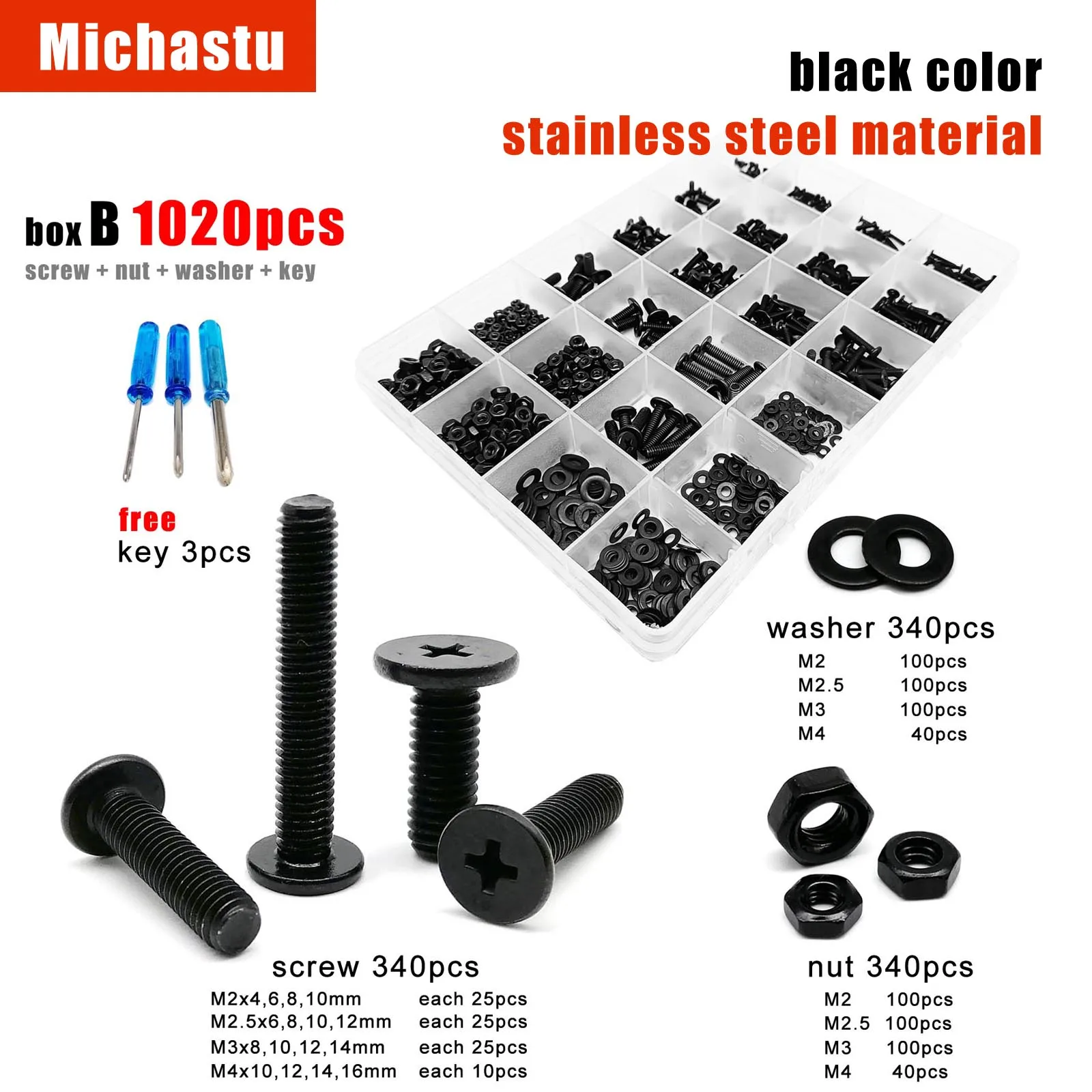 285/1020pc M2 M2.5 M3 M4 M5 Black 304 A2-70 Stainless Steel Cross ...