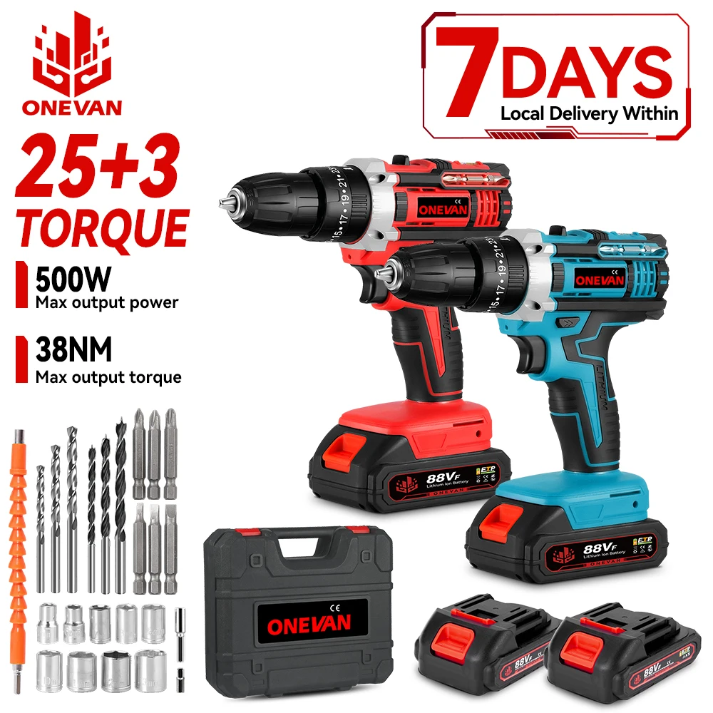 ONEVAN 500W Cordless Electric Drill 38N.M Torque Power Drill Tool Set ...