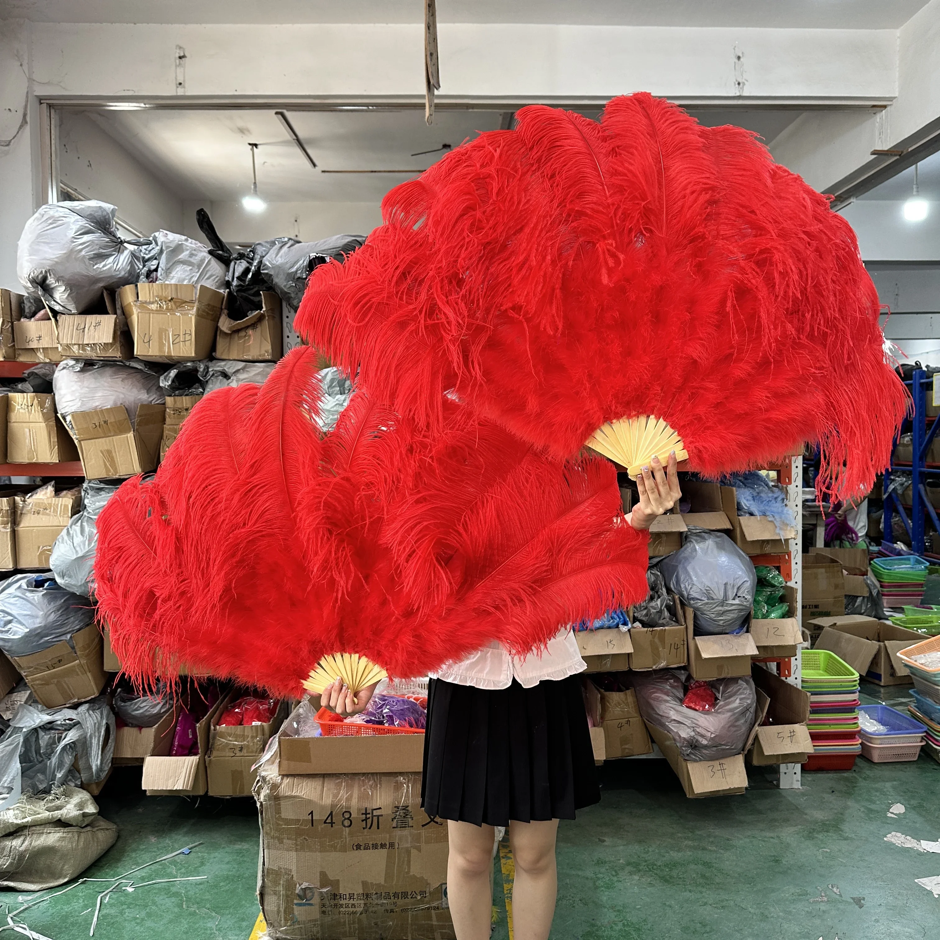 Red-Large-Ostrich-Feather-fans-Fluffy-Party-feather-folding-hand-fan ...