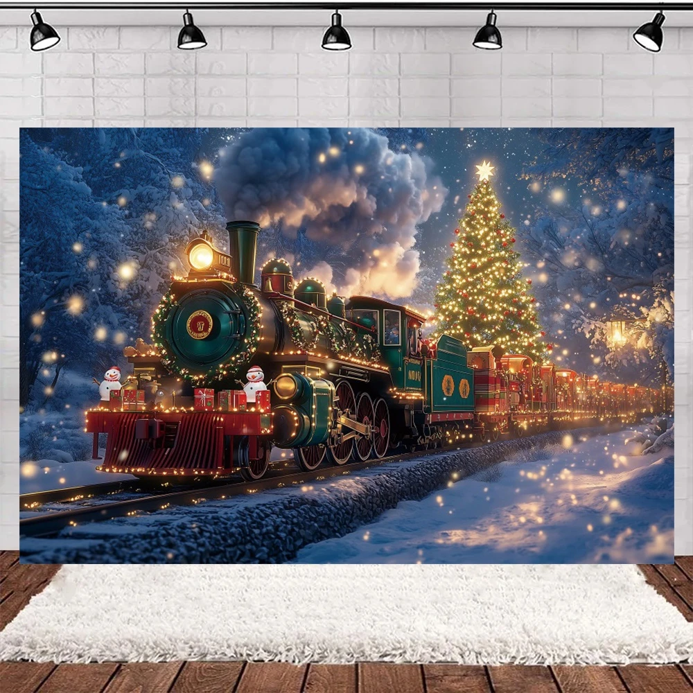 Christmas Train Photography Backdrops Winter Snowman Snow Railway Large ...