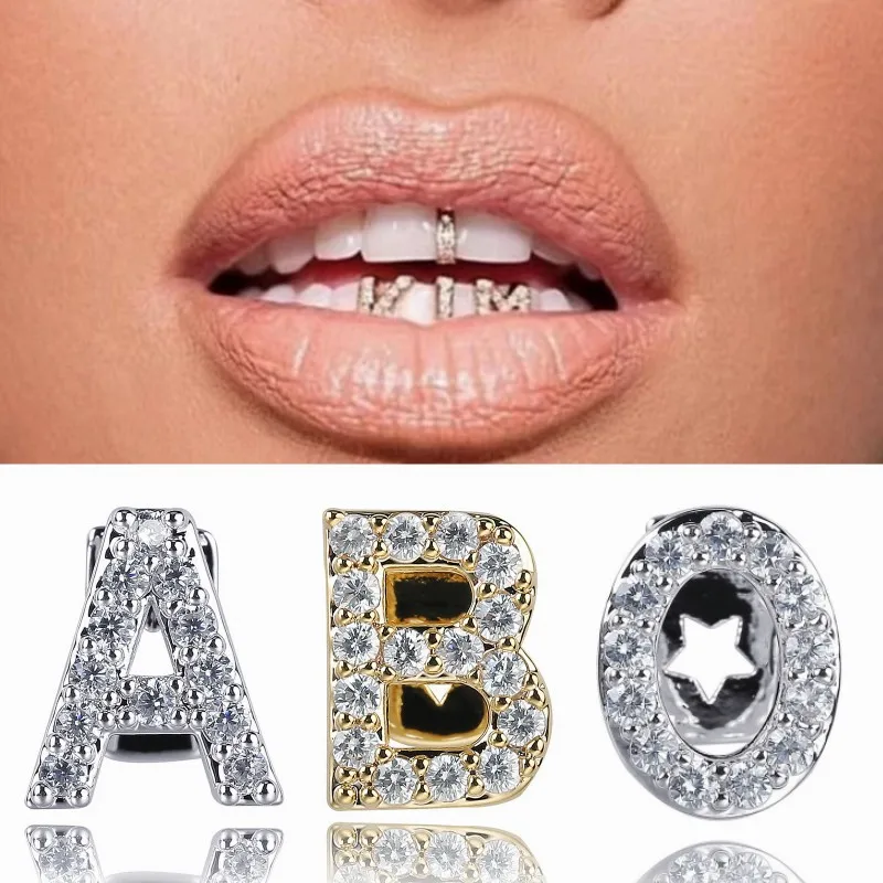 26 Initial Letter Tooth Cap Cover AAA Zircon Gold Plated Sigle Teeth ...