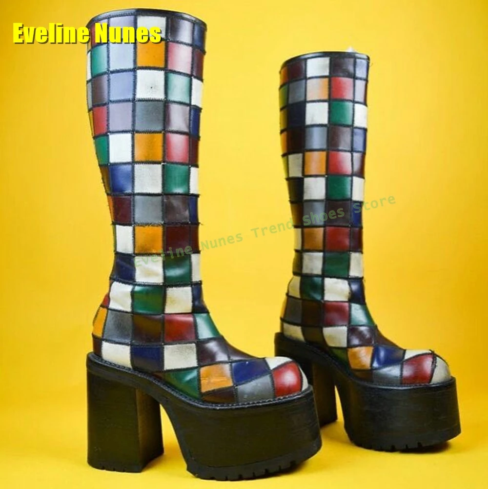 Colorful Plaid Platform Fashion Boots Round Toe Chunky Heel Mixed ...
