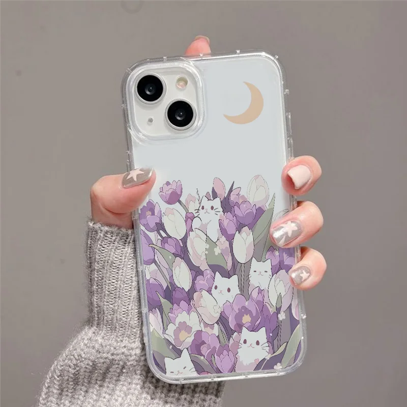 Purple-Flower-Cute-Cat-Moon-Clear-Phone-Case-Cover-for-iPhone-15-14-13 ...