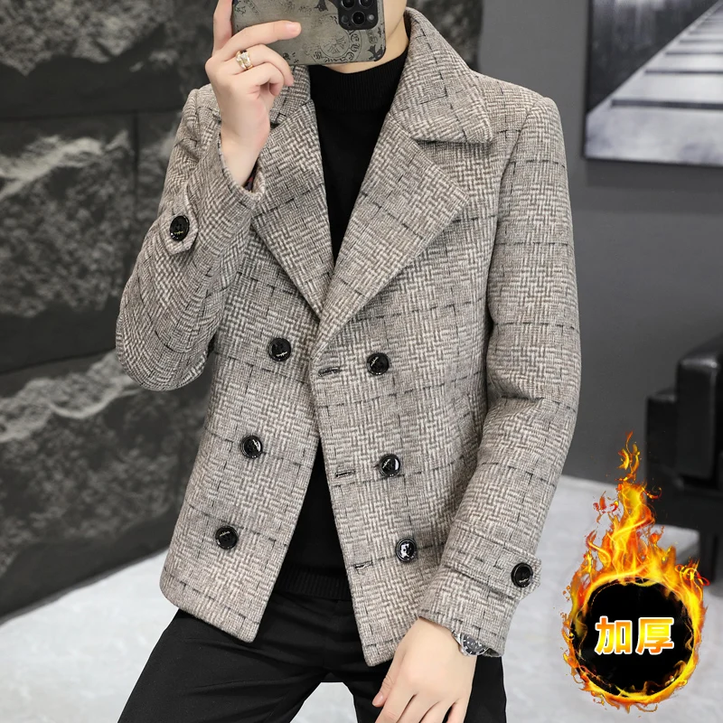 British Style Winter Men's Woolen Jacket Double Breasted Thickened and ...