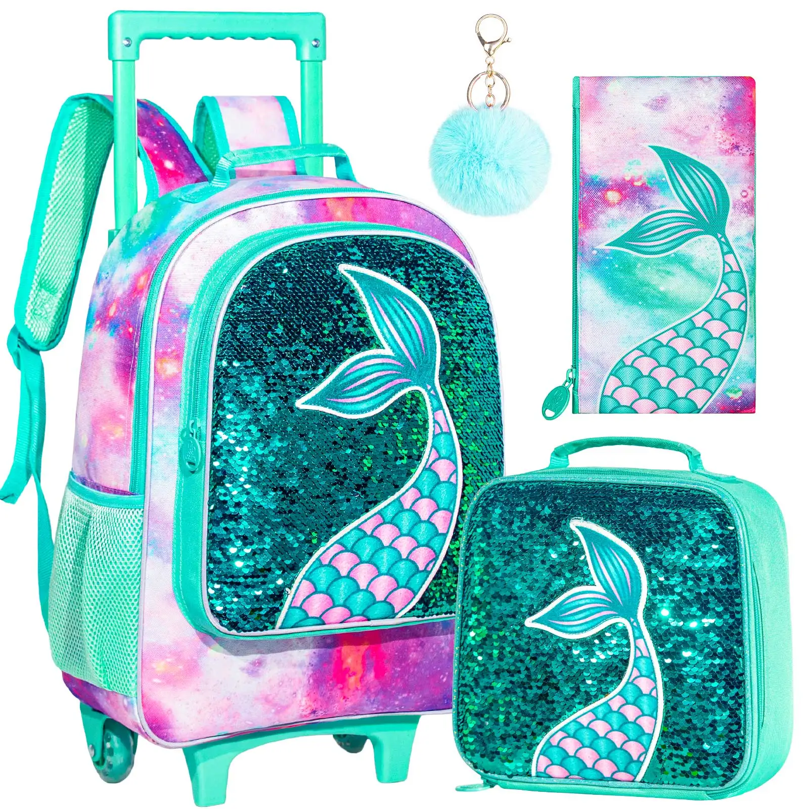 3PCS-Rolling-Backpack-for-Girls-Kids-Roller-Wheels-Bookbag-with-Lunch ...