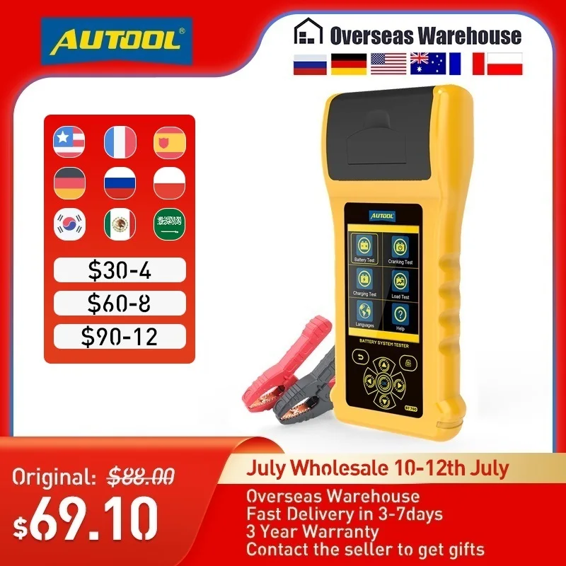 AUTOOL BT760 12/24V 30-2000 CCA Car Battery Tester with Printer Color ...
