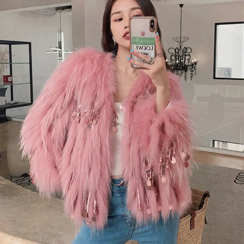 Luxury Women Faux Fox Fur Sequined Tassels Coat Winter Imitation ...