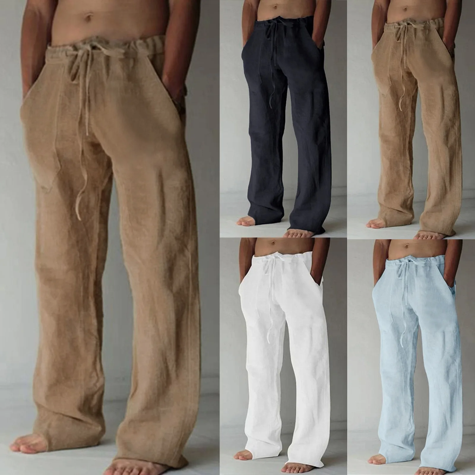 Men's Cotton Linen Pants Summer Solid Color Breathable Linen Trousers ...