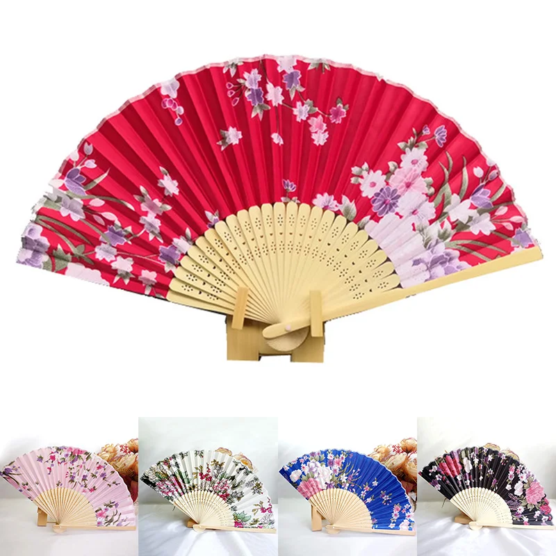 Chinese-Japanese-Silk-Folding-Fan-Wooden-Shank-Traditional-Fan ...
