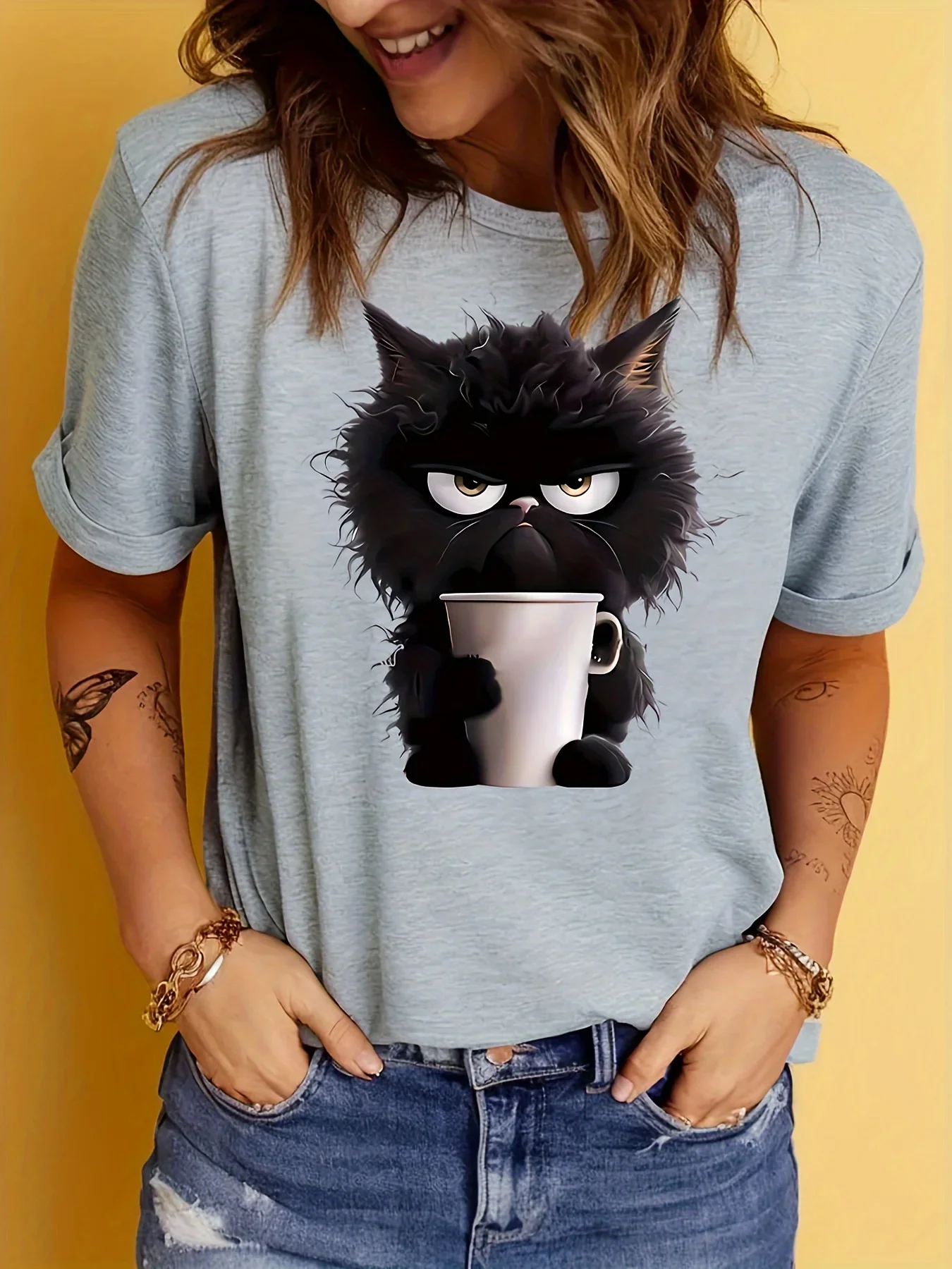 Cat Print Crew Neck T-Shirt Casual Short Sleeve Top Funny Cat Women ...