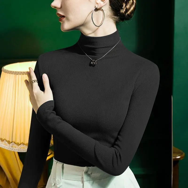 Women's Spring Autumn New Fashion Solid Half High Neck Pullover Screw ...