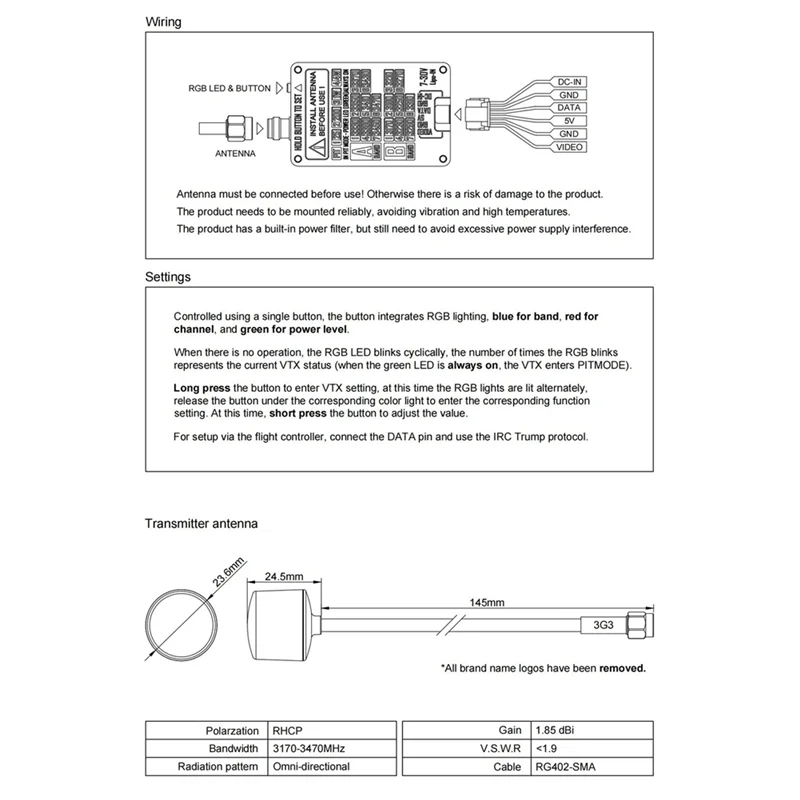 N75R-3.3G 4W VTX FPV Video Transmitter 16CH Supports IRC Tramp Protocol ...