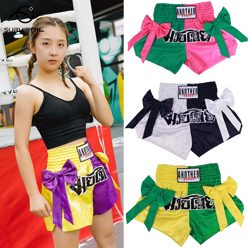 Pantalones cortos de Muay Thai para mujer, niño y niña, con cintas de ...