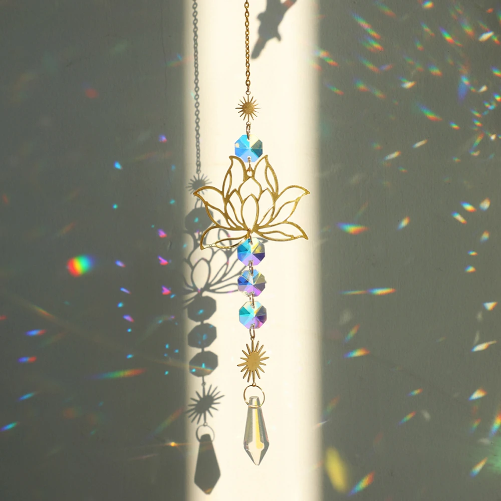 Lotus Sun Catcher Chakra Hanging Crystals Rainbow Suncatcher Car Charm ...