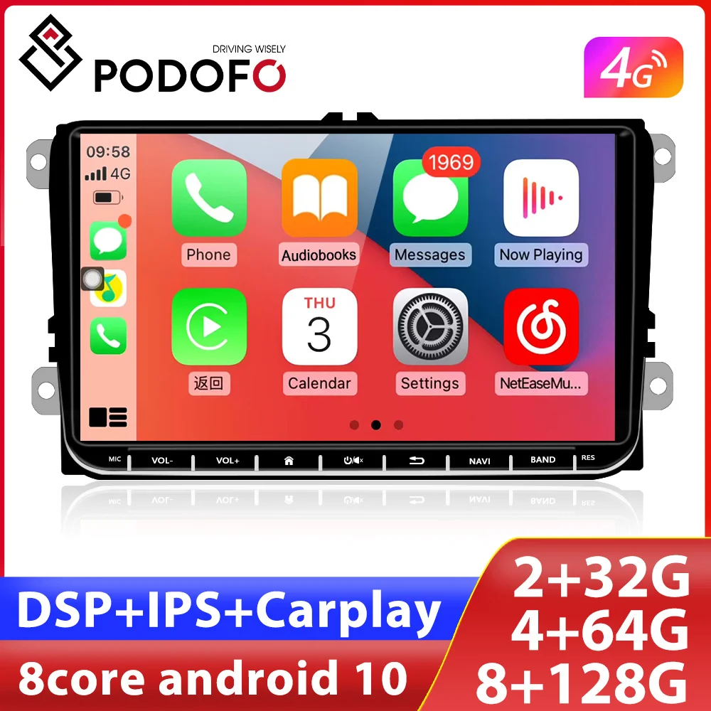 Podofo android rádio do carro carplay para vw volkswagen golf polo skoda rápida octavia tiguan ...