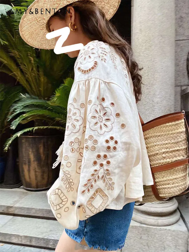 Japanese-Retro-Loose-Linen-Blouse-Women-Bohemian-Hollow-Out-Embroidered ...