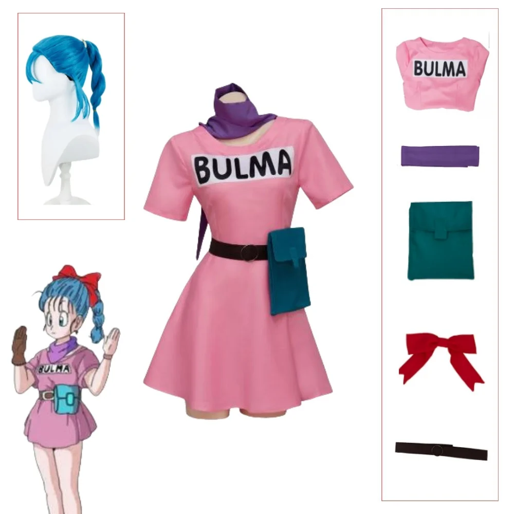 Anime Bulma Cosplay Costume Pink Dress Uniform Wig Kawaii Girls Full ...