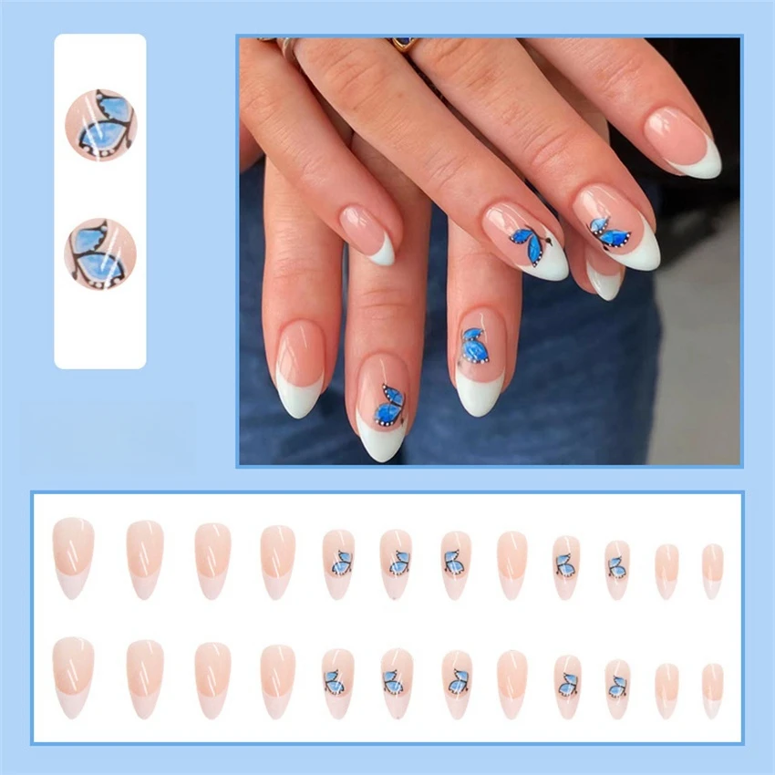 24Pcs-Set-Blue-Butterfly-Round-Head-Fake-Nails-French-Ice-Pink-Wearing ...