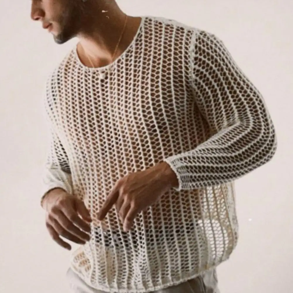 Knit Mesh Top Men Transparent Sexy See Through Men Long Sleeve Tee ...