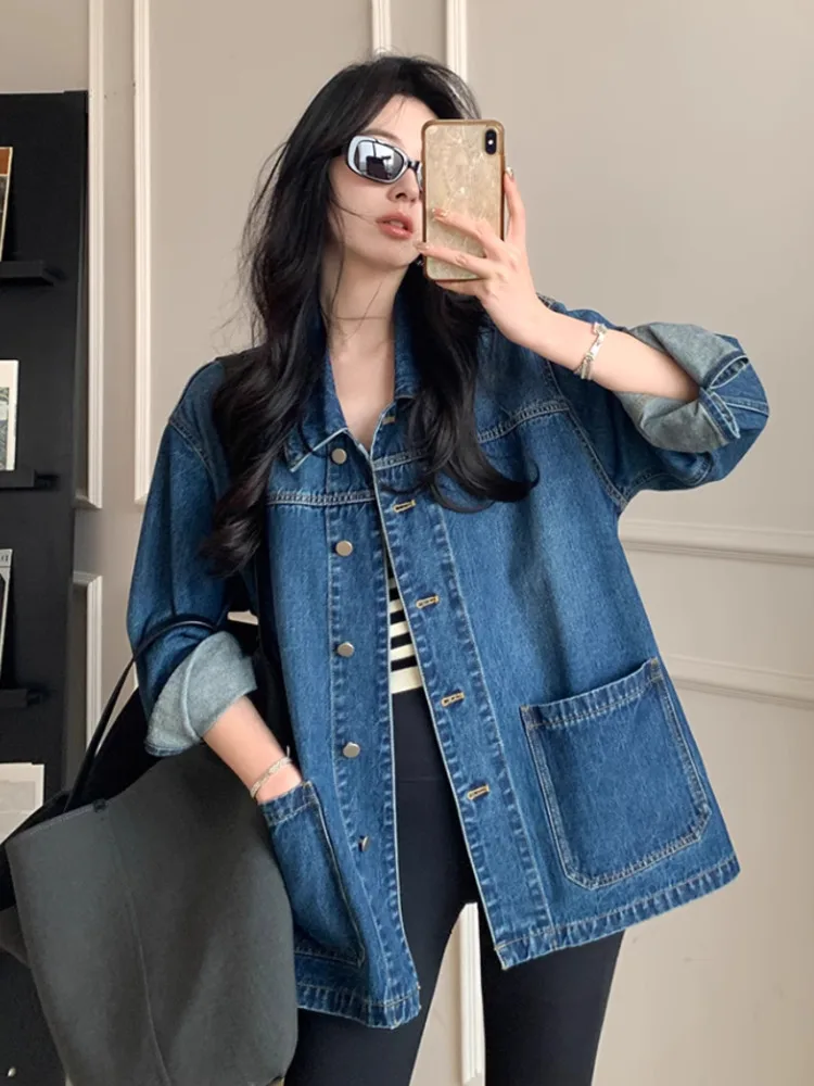Simple-Casual-Loose-Denim-Jacket-For-Women-Large-Pockets-Retro-Turn ...
