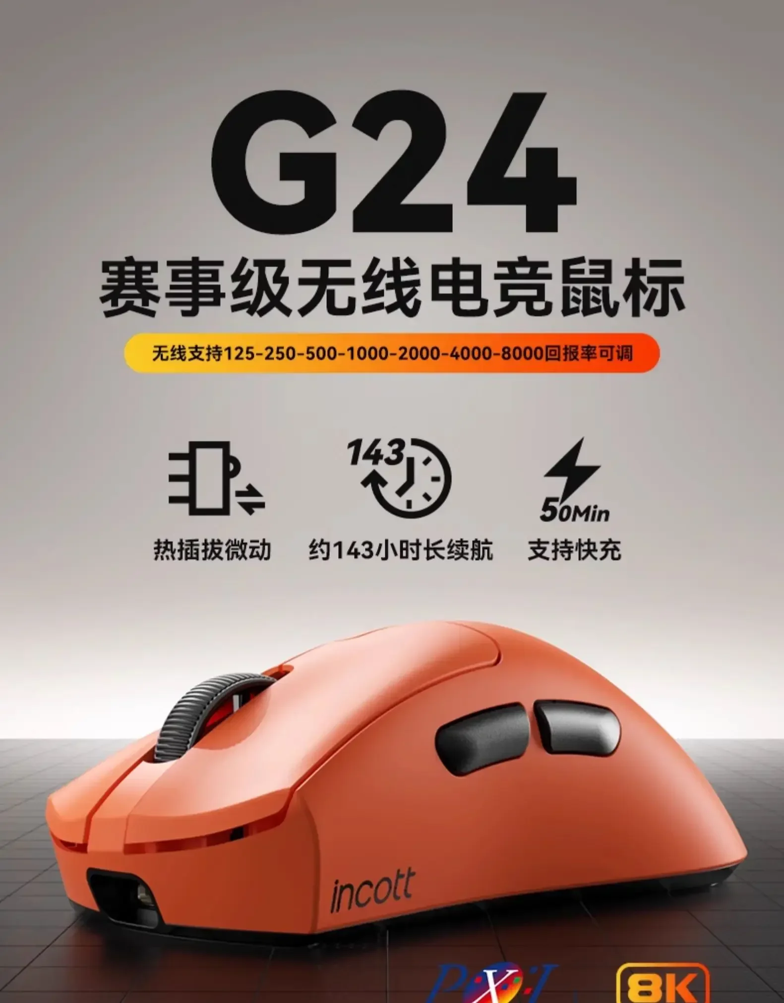 Беспроводная игровая мышь incott G24 Pro, 2 режима, 2,4 ГГц, Paw3950 ...