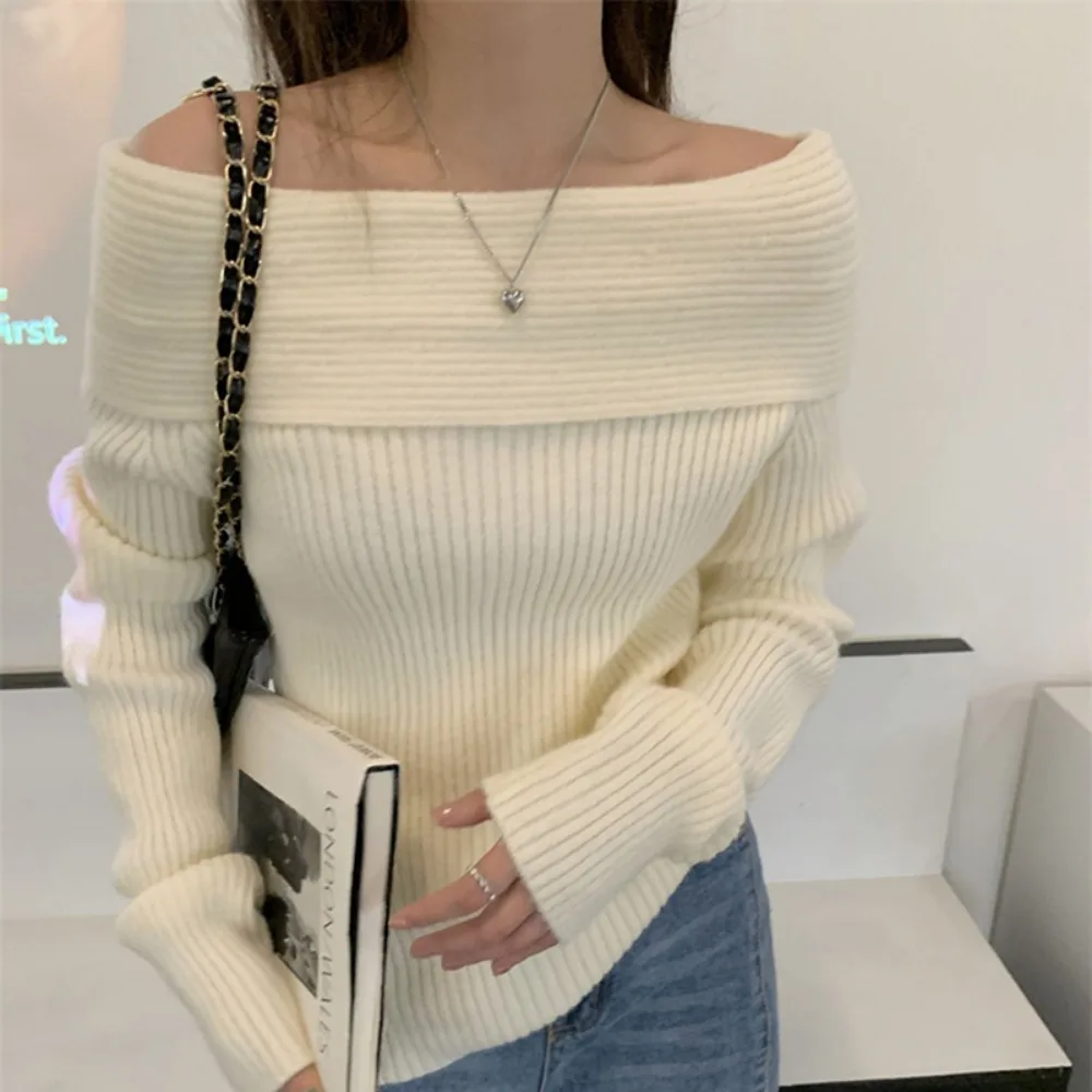 2024-Sexy-White-Flat-neck-Sweater-Base-with-Feminine-Collarbone-Off-the ...