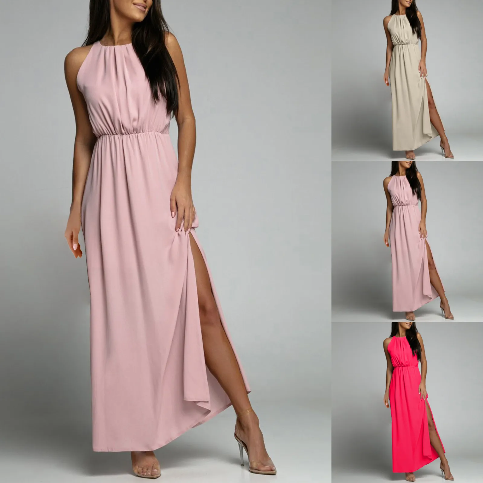 Women's Dressy Casual Long Dress Solid Color Sleeveless High Round Neck ...