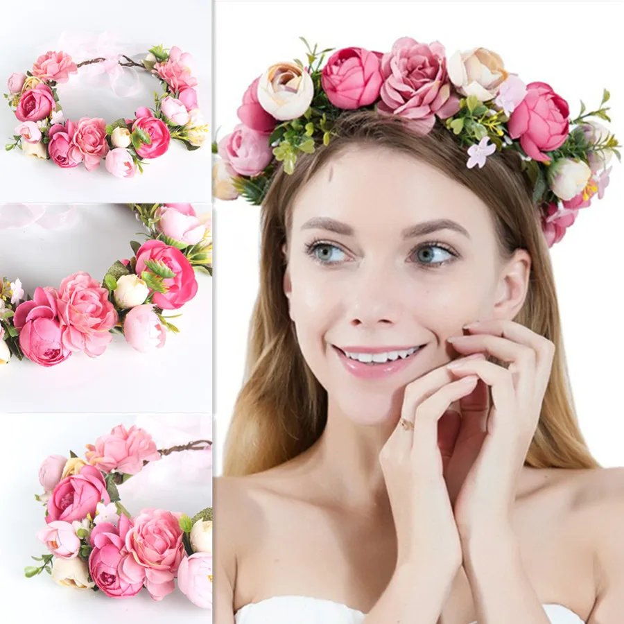 New Spring Bohemian bride Rose Crowns Wreath Beach Hawaii Floral ...