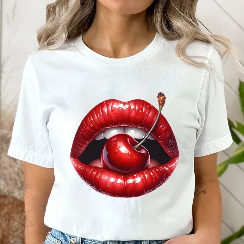 Cherry Sexy Lips Funny Woman T-shirts Watercolor Graphic Casual Tops ...