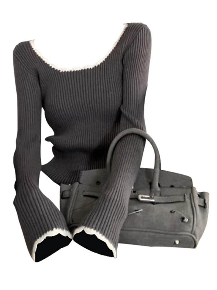 Autumn-Winter-Woman-French-Vintage-Long-Sleeve-Slim-Jumper-Contrast ...