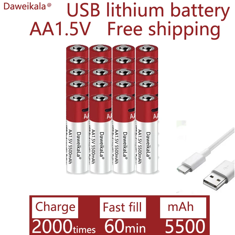 Batería recargable de 1,5 V AA, pila AA recargable por USB de 5500mAh ...