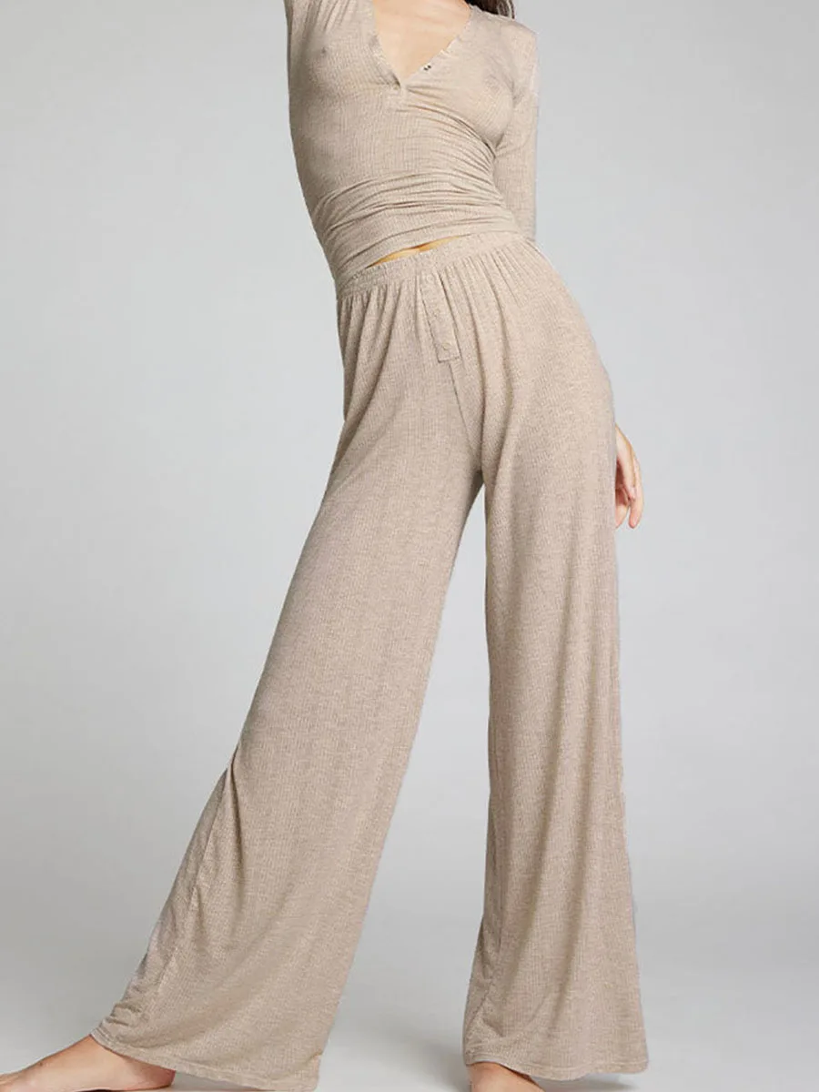 Women-2-Piece-Outfits-Long-Sleeve-V-Neck-T-Shirt-and-Elastic-Waist-Wide ...